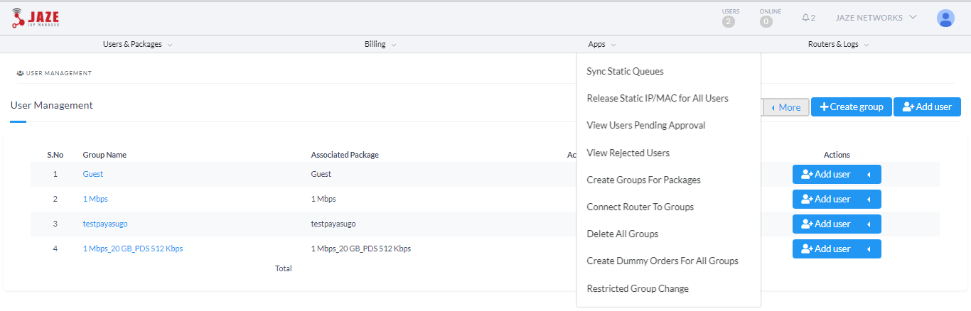 User group actions - Documentation - Jaze ISP Manager